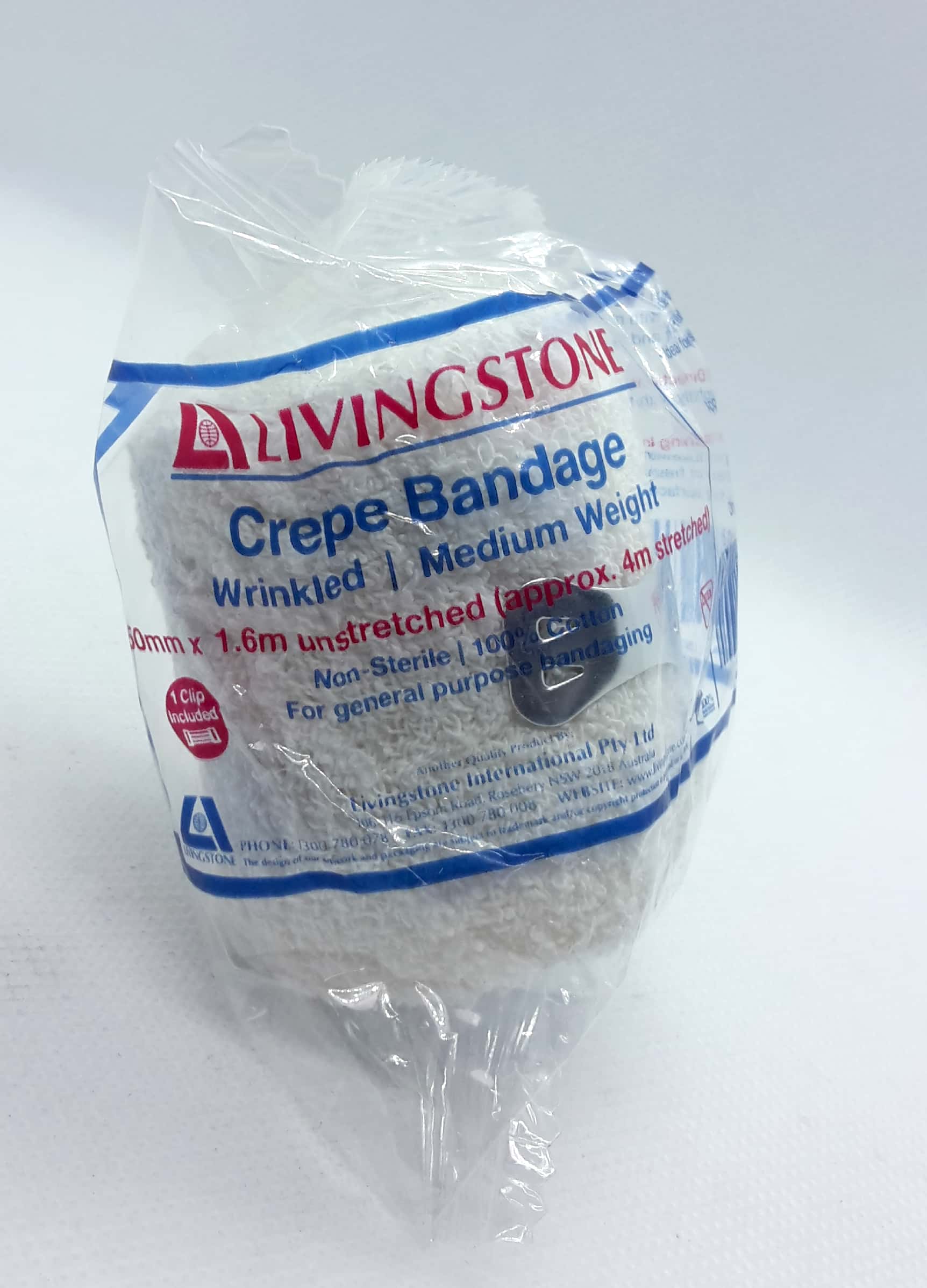 LIVINGSTONE CREPE BANDAGE 100% COTTON MEDIUM WEIGHT 50MM X 4M