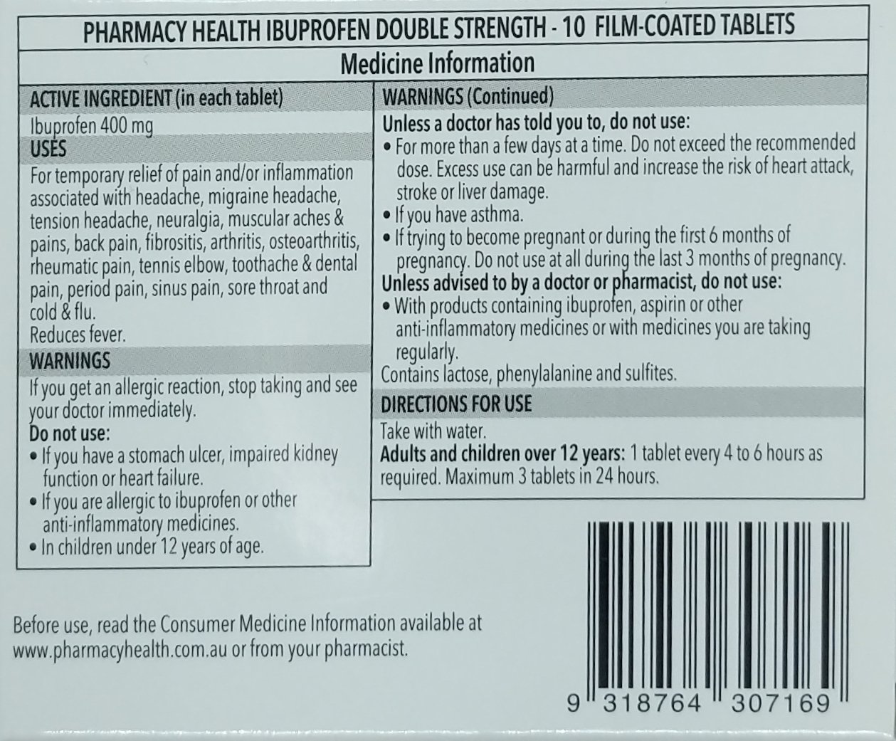 PHARMACY HEALTH IBUPROFEN 400MG DOUBLE STRENGTH 10 TABLETS