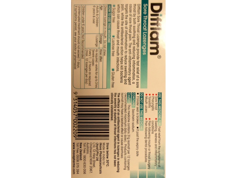 DIFFLAM LOZENGE - ANTI-INFLAMMATORY ANTI-BACTERIAL W/ ANAESTHETIC SUGAR ...