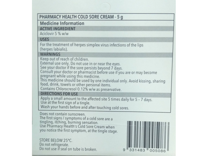 PHARMACY HEALTH COLD SORE CREAM 5G